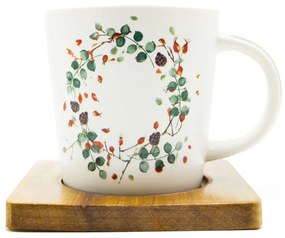 Porcelánový hrnek Nordic Moods s akáciovým podšálkem, bílý, 350 ml – severský design, motiv větviček a šípků