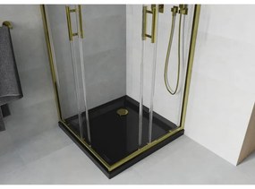 Mexen Rio čtvercový sprchový kout 90 x 90 cm, Průhledné, Zlatá + sprchová vanička Flat, Černá- 860-090-090-50-00-4070G