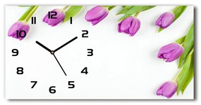 Wallmuralia Skleněné hodiny na stěnu Fialové tulipány 60x30 cm