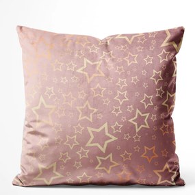 Dekorační velurový polštář Sladké sny - jemný vzor zlatých hvězdiček na růžovém pozadí