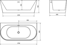 Mexen Oval+, volně stojící vana ke stěně 170 x 80 cm, bílá lesklá, broušený grafit přepad, 52681708000-66