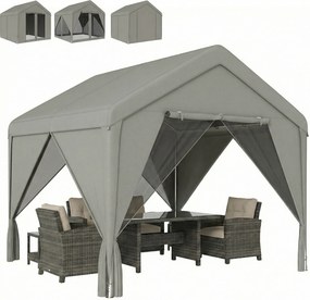 Outsunny zahradní pavilon 3 x 3 m se sítí proti komárům a závěsy, venkovní zastřešení s pozinkovaným ocelovým rámem, šedá