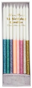 Meri Meri Dortové svíčky Multicolour Glitter Dipped 16 ks, růžová barva, modrá barva, zlatá barva, stříbrná barva, vosk