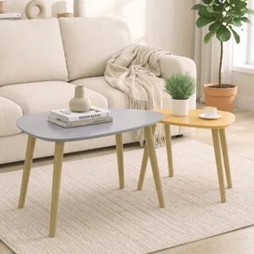 HOMCOM sada 2 odkládacích stolků ve skandinávském designu s dřevěnými nohami a dřevěnou deskou, šedá a žlutá