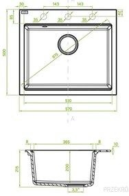 Laveo Tau, 1-komorový granitový dřez 570x500x215 mm, šedá, LAV-SBT_510Y