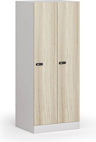 Snížená šatní skříňka S1, 2 oddíly, 1500 x 600 x 500 mm, mechanický kódový zámek, laminované dveře, dub přírodní