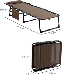 Polohovatelné křeslo, skládací lehátko s polštářkem pod krk, ocelový rám, potah ze síťoviny, nosnost 120 kg, hnědá barva
