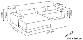 DABEK MEBLE MIDAS MINI rohová rozkládací sedací souprava s úložným prostorem šedá 259 x 75 - 95 x 180 cm