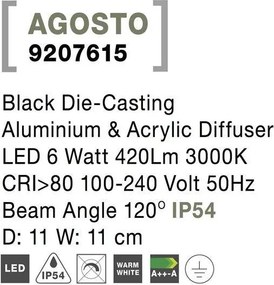 NV 9207615 Venkovní nástěnné svítidlo AGOSTO černý hliník a akrylový difuzor LED 6W 3000K 100-240V 120st. IP54 - NOVA LUCE