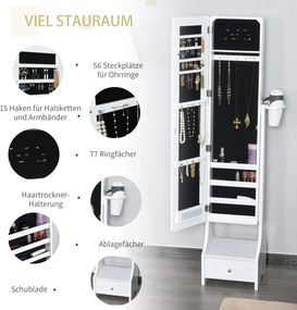 HOMCOM LED šperkovnice 2 v 1, šperkový regál se zrcadlovou skříňkou a zásuvkou, MDF, bílá, 37 x 30 x 158 cm