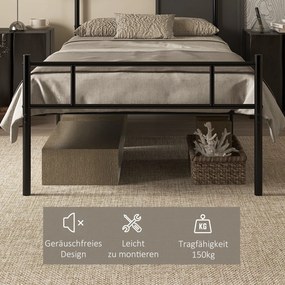 HOMCOM jednolůžkový postelový rám z oceli 95x211x106 cm, integrované laťování, čelo a nožní část, úložný prostor pod postelí, černá