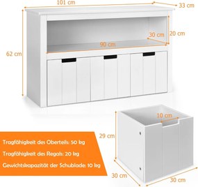 Costway Úložná skříň se zásuvkami dřevěná dětská s kolečky – 101 × 33 × 62 cm