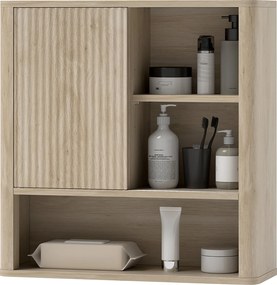 HOMCOM Nástěnná skříňka do koupelny s nastavitelnými policemi, sklápěcími dveřmi a zakřiveným designem 60x20x62 cm Přirodní