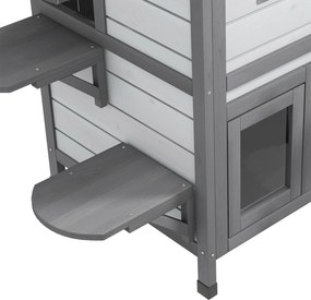 Dřevěný domek pro kočky PawHut, venkovní domek pro kočky se schody, 2 patra, domek pro malá zvířata pro kočky do 4,5 kg, bílý, 78 x 55,5 x 91 cm | Ao…