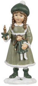 Dekorativní figurka holčička v zeleném kabátku s panenkou a svíčkou – 11 cm
