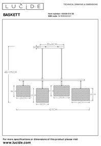 Lucide 45459/04/30 závěsné svítidlo Baskett černé, 4xE27, 107cm