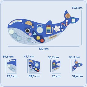 AIYAPLAY Montessori motorická deska 13v1 dřevěné Busy Board ve tvaru velryby, nástěnně montovaná herní deska s xylofonem, hodinami a ozubenými koly