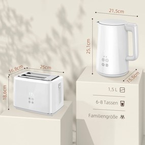HOMCOM Kuchyňská sada s rychlovarnou konvicí a topinkovačem, 7 stupňů propečení, rychlé vaření, nerezová ocel, plast, bílá barva