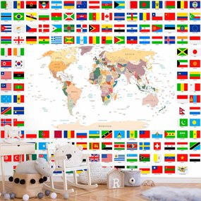Fototapeta Geografická výuka - mapa světa s vlajkami států v angličtině