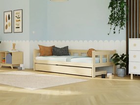 Benlemi Dřevěná jednolůžková postel FENCE 4v1 se zábranou a úložným šuplíkem Zvolte barvu: Béžová, Zvolte rozměr: 140x200 cm, Zvolte zábranu: S otevřeným vstupem