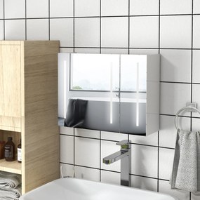 Kleankin zrcadlová skříňka s nastavitelnými policemi a 3-barevnými LED světly, z MDF a skla, 90x15x70 cm, bílá