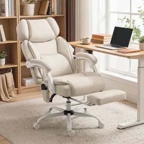 HOMCOM Kancelářská židle s vysokým opěradlem s vibrační masáží a vyhříváním, ergonomická, naklápěcí, s opěrkou nohou, krémově bílá