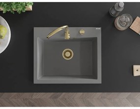 Mexen Elix, 1-komorový granitový dřez 600 x 500 mm, šedý, zlatý sifon - 6525601005-71-G
