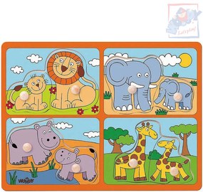 WOODY DŘEVO Baby puzzle s úchyty mláďata 4x2 dílky na desce pro miminko 91914x