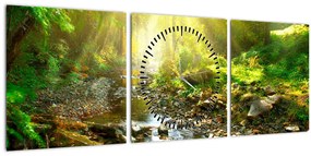 Obraz řeky v zeleném lese (s hodinami) (90x30 cm)