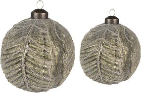 Set 2 ks zelených skleněných vánočních koulí s motivem listů – Ø 10 cm a Ø 8 cm