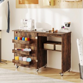 Costway Pojízdný skládací šicí stolek s úložnými boxy, hnědý