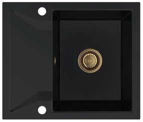 Sink Quality Obsidian, kuchyňský granitový dřez 590x500x210 mm + zlatý sifon, černá, SKQ-OBS.C.1KKO.XG