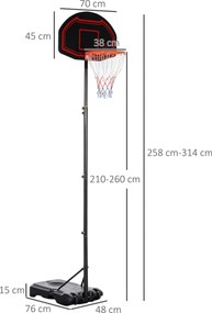 HOMCOM Venkovní basketbalový koš s tyčí, panelem a zátěžovou základnou na kolech, výška nastavitelná 2,1-2,6m - Černá a červená