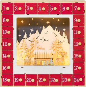HOMCOM LED adventní kalendář s vesnickou scénou, 24 velkých zásuvek, MDF, 34 x 7 x 34 cm, červená