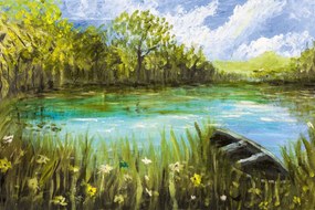 DIMEX | Samolepicí vliesová fototapeta na zeď Malba - Loďka na jezeře MA-5-2041 | 375 x 250 cm | zelená, modrá, bílá, šedá