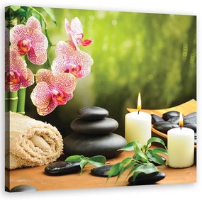 Obraz na plátně, Svíčky orchidejí a znové kameny - 50x50 cm