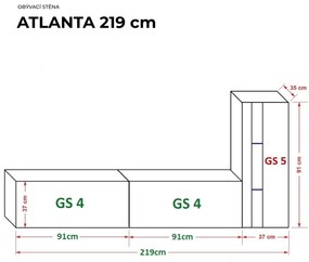 Ral Obývací stěna ATLANTA 3, 219 cm - Černý lesk