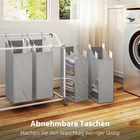 HOMCOM Koš na prádlo se 4 přihrádkami 160 L sběrač prádla s koly, vyjímatelný pytel na prádlo, 97 x 38 x 81 cm, šedá