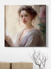 Obraz na plátně - Mladá žena s květinou FeelHappy.cz Velikost obrazu: 100 x 100 cm