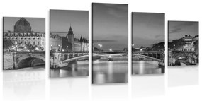 5-dílný obraz oslňující panorama Paříže v černobílém provedení - 200x100 cm