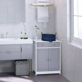 Kleankin Úložný Kabinet, Koupelnový Kabinet, Skříň s 2 Dveřmi a 2 Zásuvkami - 60 x 30 x 75 cm - Šedá a Bílá