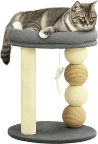 PawHut Kočičí Škrabadlo – Malý Kočičí Strom, Aktivity Centrum pro Kotě s Hnízdem, 4 Míčky a Sisalový Sloupek, Nosnost 15 kg, Ø40x48 cm, Šedá a Béžová