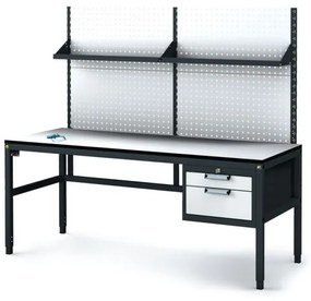 Alfa 3 Antistatický dílenský ESD stůl s perfopanelem a policemi, 2 zásuvkový box na nářadí, 1800x800x745-985 mm