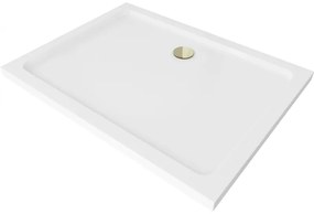 Mexen Flat obdélníková vanička do sprchového koutu slim 140 x 100 cm, Bílá, sifon Zlatá - 40101014G