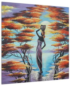 Orientální obraz ženy, stromů a slunce (50x50 cm)