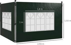 Outsunny Boční Zdi pro Altán 3x3 m a 3x6 m - Sada 2 Stěn s Okny 293x193 cm Tmavě Zelená