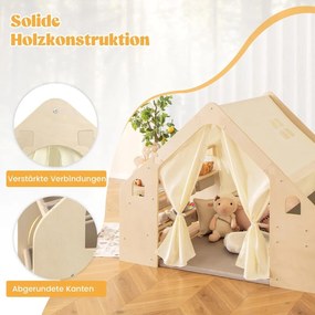 Costway Dřevěný dětský stan 6-IN-1 s dětským stolem a židlí, podložkou a tabulí