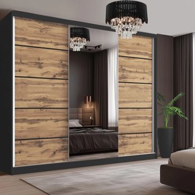 Šatní skříň SERENITY 232 cm Belini černý mat /dub wotan s posuvnými dveřmi a zrcadlem  MBP SERENITY SZP8/0/B/DW/0/HIAL