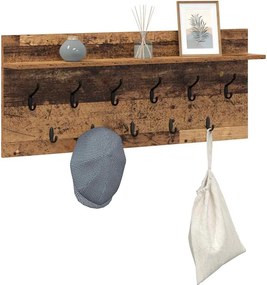 věšák, nástěnný, 1 prkno, háčky, kompozitní dřevo, 40x100x12 cm, staré dřevo, Dekorino TK20260019