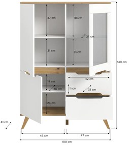 Skříňka s prosklením Scandi, bílá/dub nox